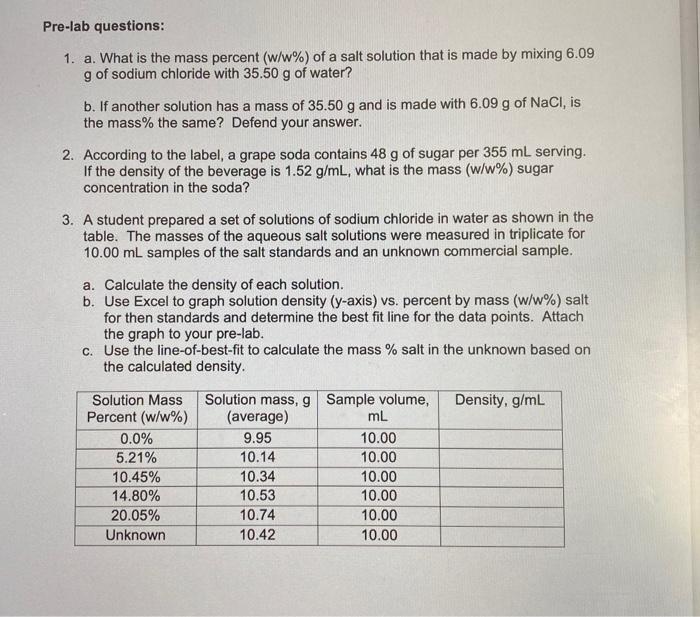 Solved Pre-lab questions: 1. a. What is the mass percent | Chegg.com