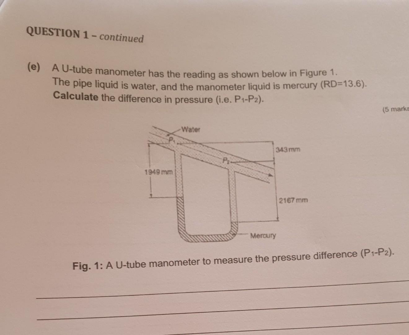 Solved (e) A U-tube manometer has the reading as shown below | Chegg.com