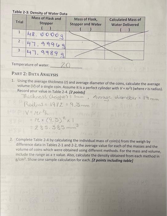 Table 2-Z: namnie......... Temperature of water: PART | Chegg.com