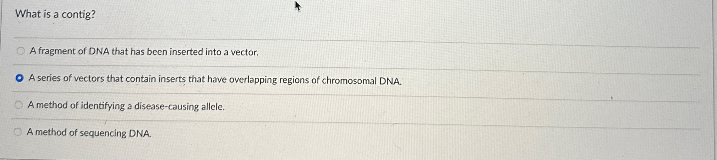 Solved What is a contig?A fragment of DNA that has been | Chegg.com