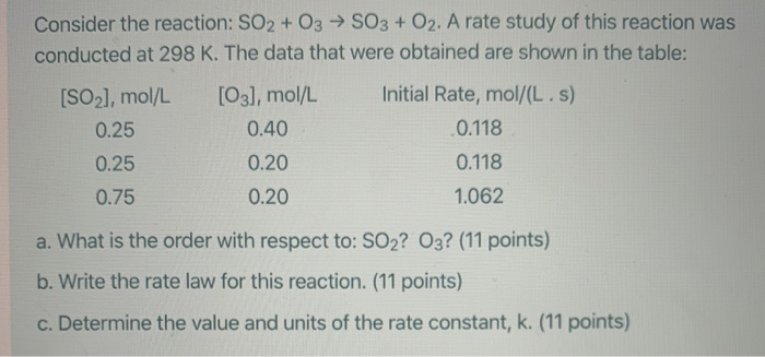 Solved Consider the reaction: SO2 + O3 → SO3 + O2. A rate | Chegg.com