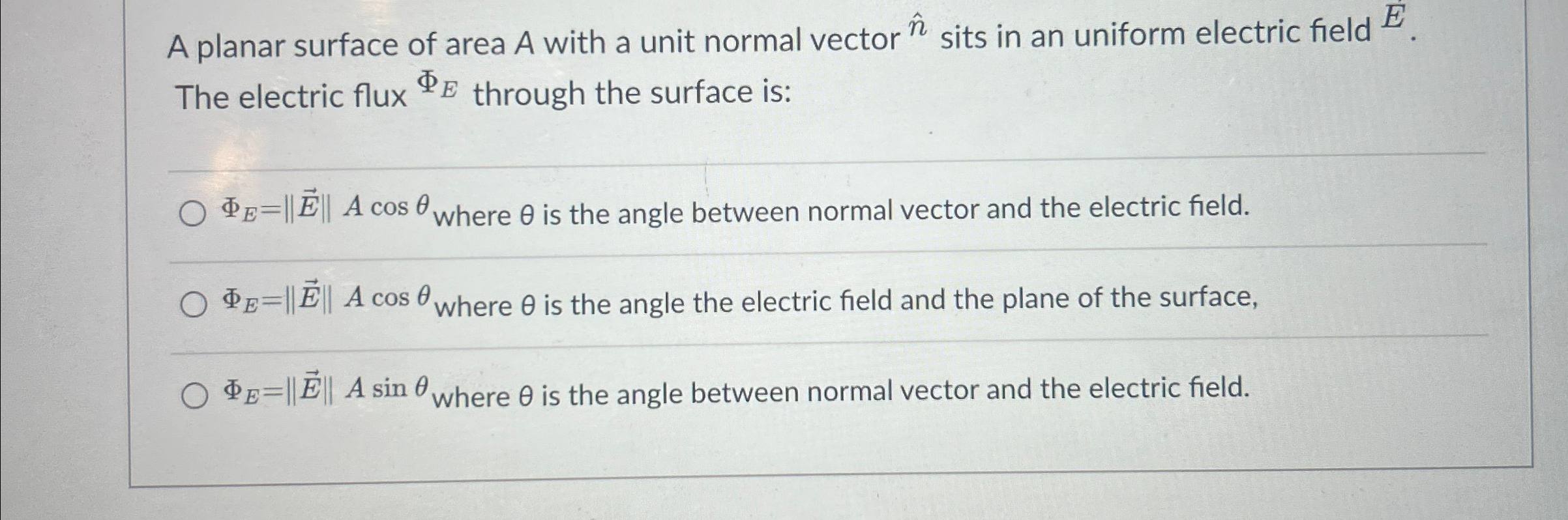 Solved A planar surface of area A with a unit normal vector | Chegg.com