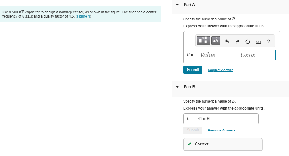 Solved Use a 500nF ﻿capacitor to design a bandreject filter, | Chegg.com