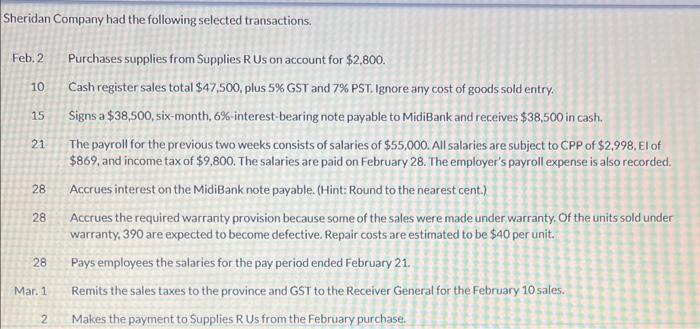 Solved Sheridan Company had the following selected | Chegg.com