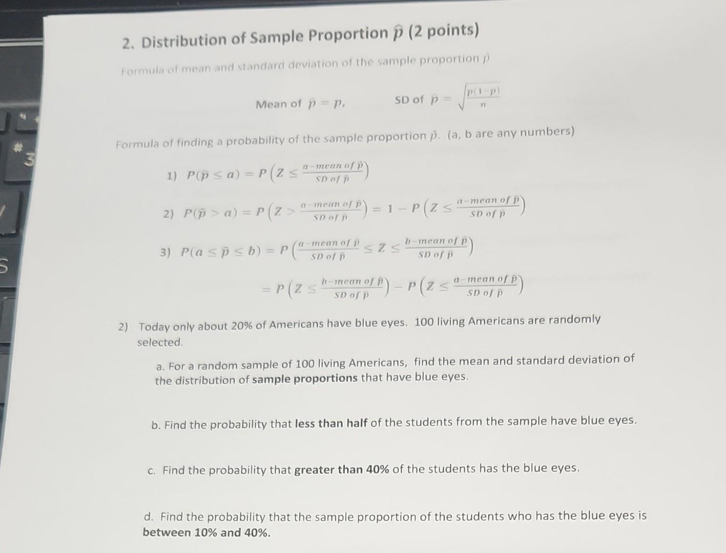 Solved 2. Distribution of Sample Proportion p^ ( 2 points) | Chegg.com