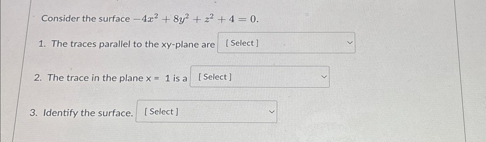 Solved Consider the surface -4x2+8y2+z2+4=0The traces | Chegg.com