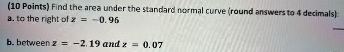 Solved (10 Points) Find the area under the standard normal | Chegg.com