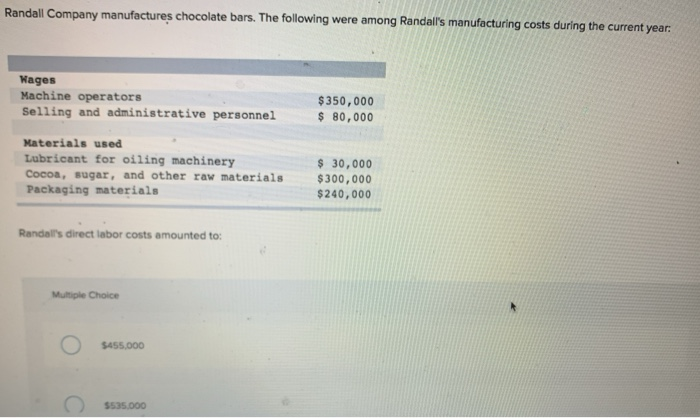 Solved Randall Company manufactures chocolate bars. The | Chegg.com