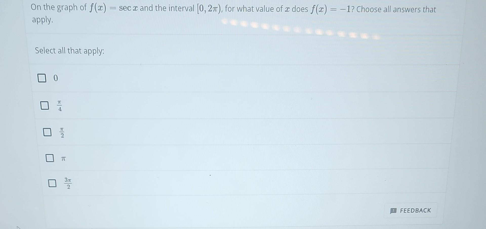 Solved On the graph of f(x)=secx and the interval [0,2π), | Chegg.com