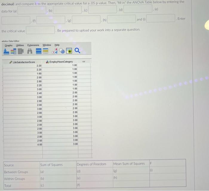 decimal) and compare it to the appropriate critical | Chegg.com