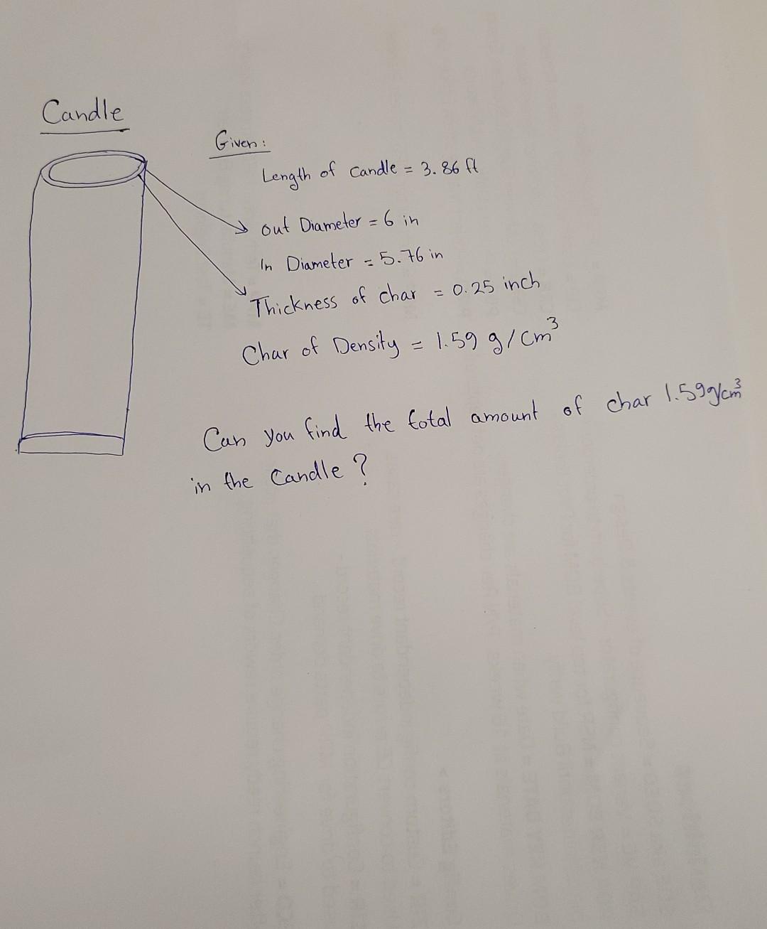Solved Candle Given: Length of candle = 3.86 ft out Diameter | Chegg.com