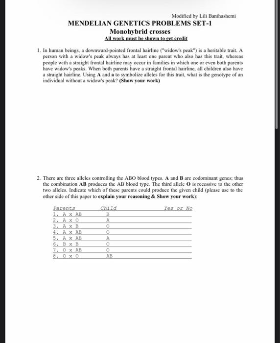 Solved Modified by Lili Banihashemi MENDELIAN GENETICS | Chegg.com