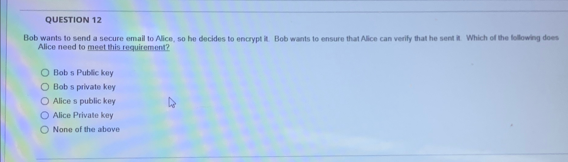 Solved QUESTION 12Bob wants to send a secure email to Alice, | Chegg.com