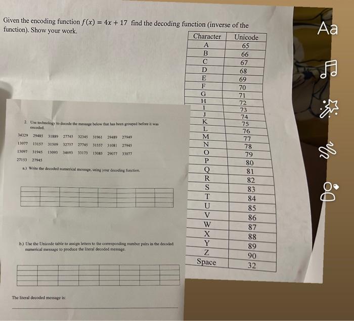 Solved Given the encoding function f(x)=4x+17 find the | Chegg.com