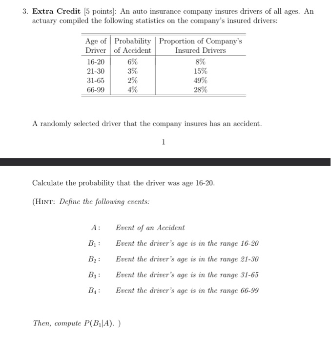 Solved 3. Extra Credit (5 points): An auto insurance company | Chegg.com