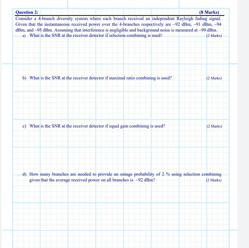 Solved Question 2: (8 Marks) Consider a 4-branch diversity | Chegg.com