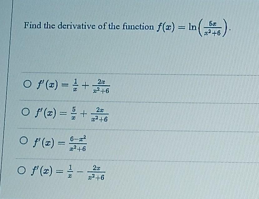 Solved Find the derivative of the function f(x)=ln(x2+65x). | Chegg.com