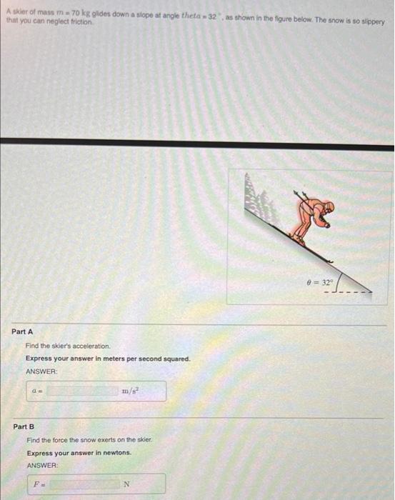 Solved Asker of mass m = 70 kg glides down a slope at angle | Chegg.com