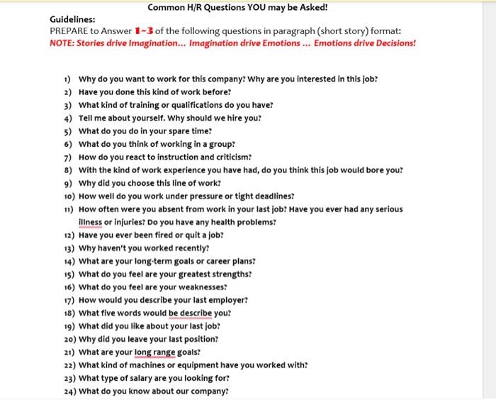 Guidelines: Common H/R Questions YOU may be Asked! | Chegg.com