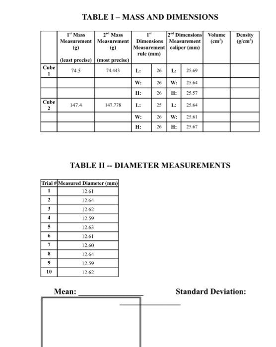 Solved TABLE I - MASS AND DIMENSIONS 1" Mass 2- Mass | Chegg.com