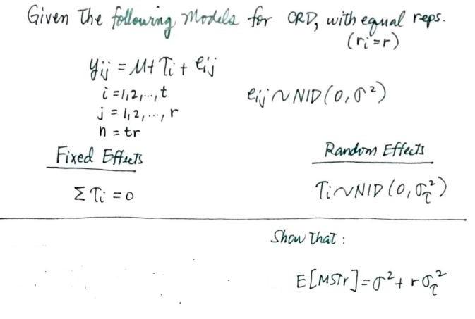 Solved Given The following Models for CRD, with equal reps. | Chegg.com
