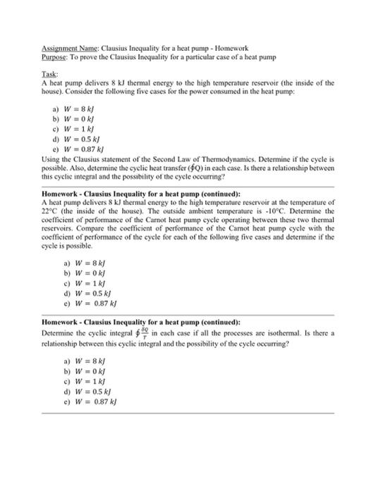 Solved Assignment Name: Clausius Inequality for a heat pump | Chegg.com