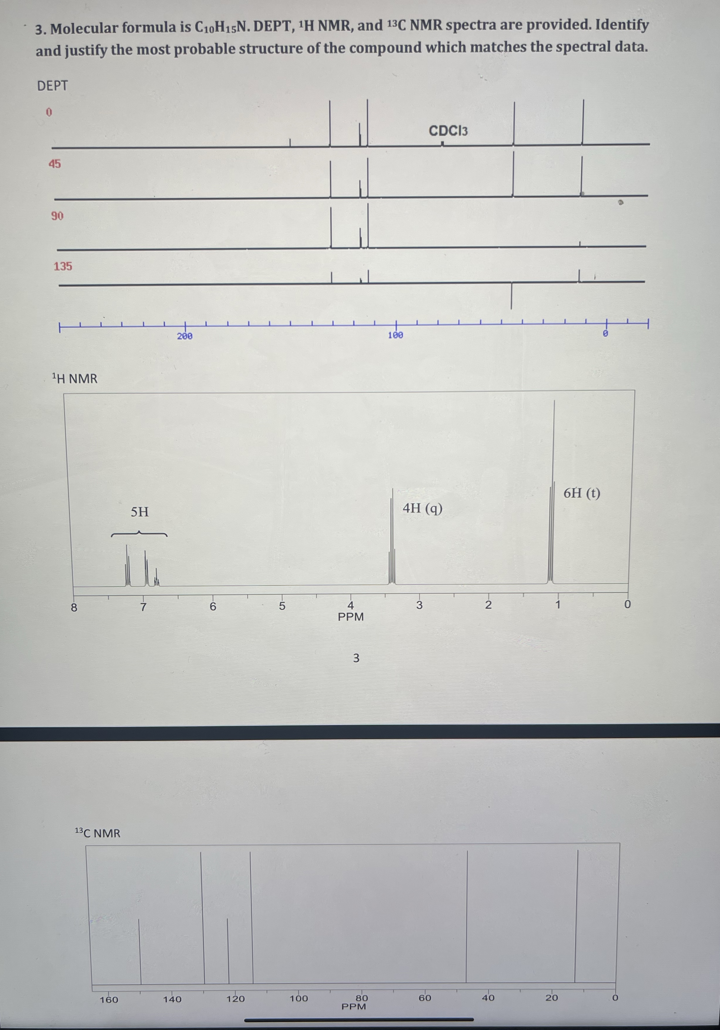 Solved Molecular formula is C10H15N. ﻿DEPT, ?1H ﻿NMR, ﻿and | Chegg.com