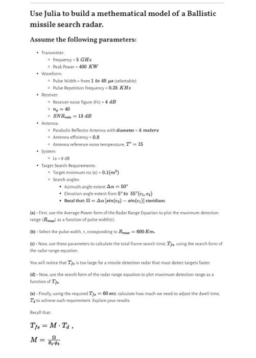 [Solved]: radar's principles. solve using julia language