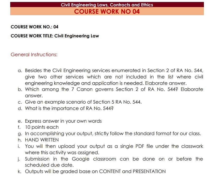 Solved Civil Engineering Laws, Contracts and Ethics COURSE | Chegg.com