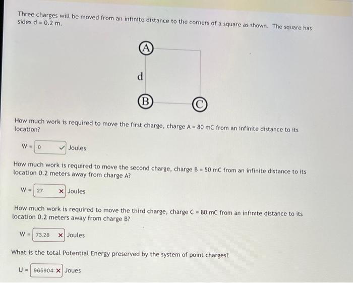 Solved Three charges will be moved from an infinite distance | Chegg.com