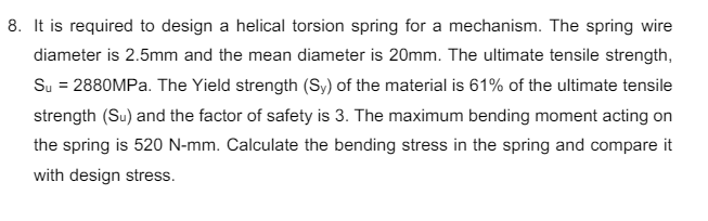 Solved It is required to design a helical torsion spring for | Chegg.com