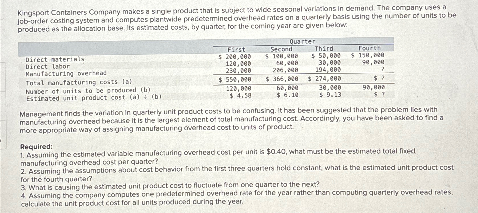 Solved Kingsport Containers Company makes a single product | Chegg.com