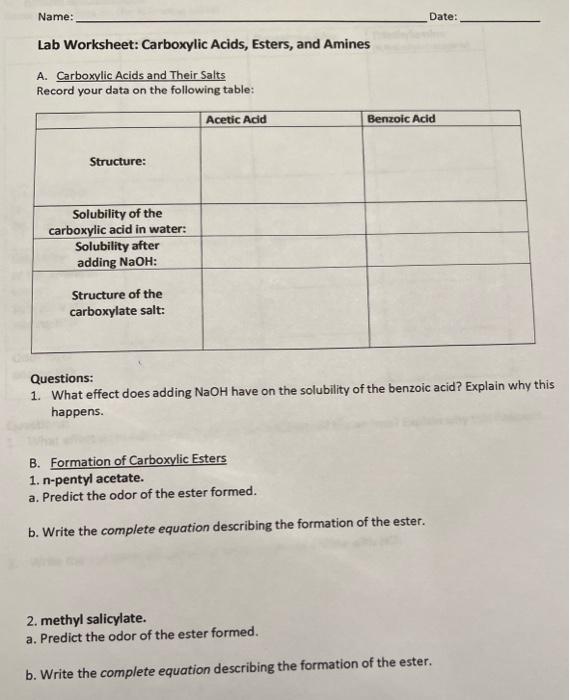 Solved Name: Date: Lab Worksheet: Carboxylic Acids, Esters, | Chegg.com
