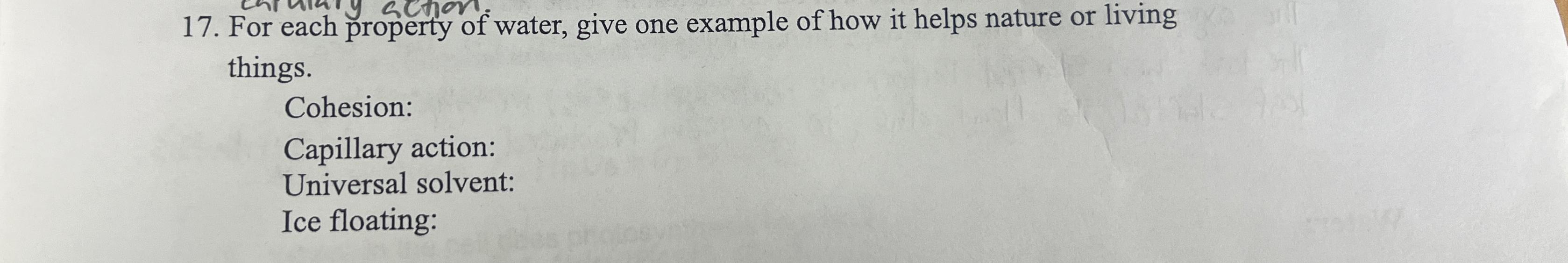 Solved For each property of water, give one example of how | Chegg.com
