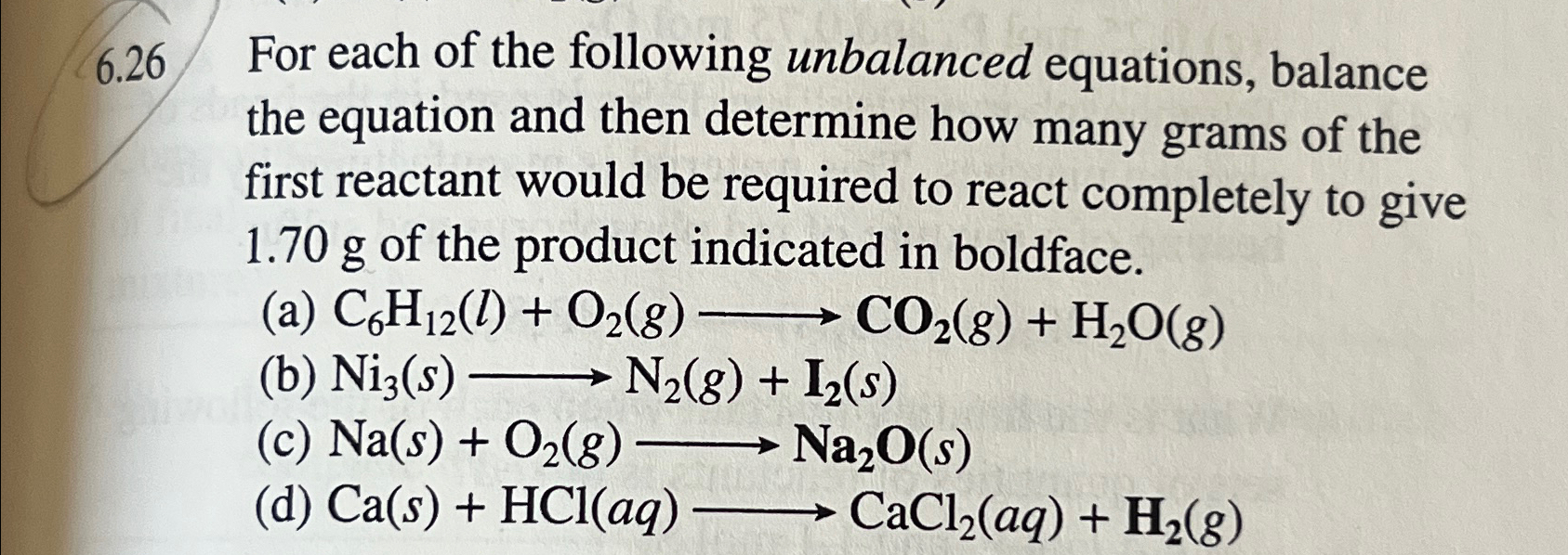 Solved 6.26 ﻿For each of the following unbalanced equations, | Chegg.com