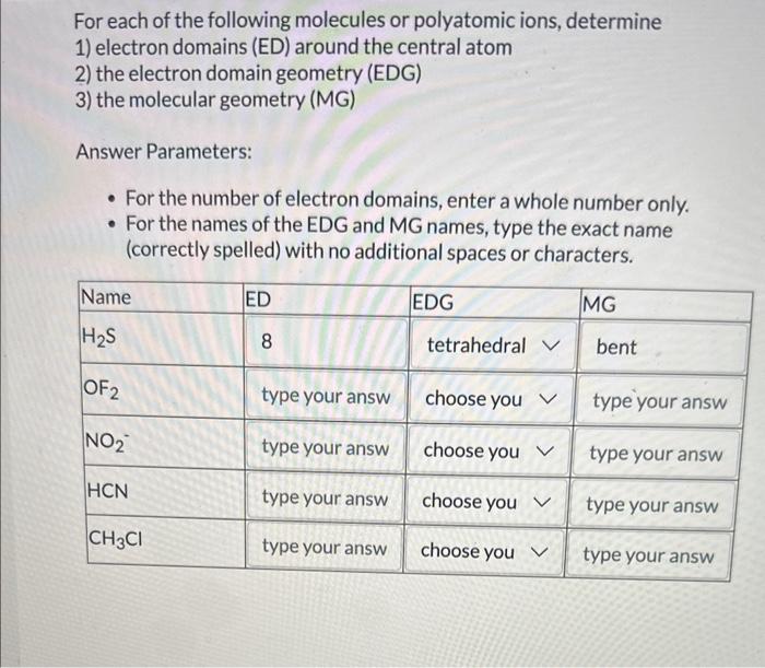 Solved For each of the following molecules or polyatomic | Chegg.com