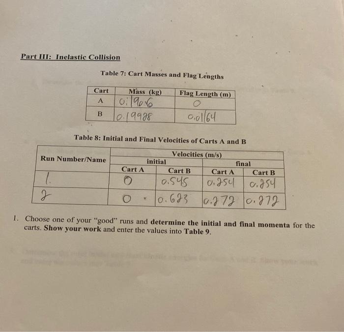 Solved Part III: Inelastic Collision Table 7: Cart Masses | Chegg.com