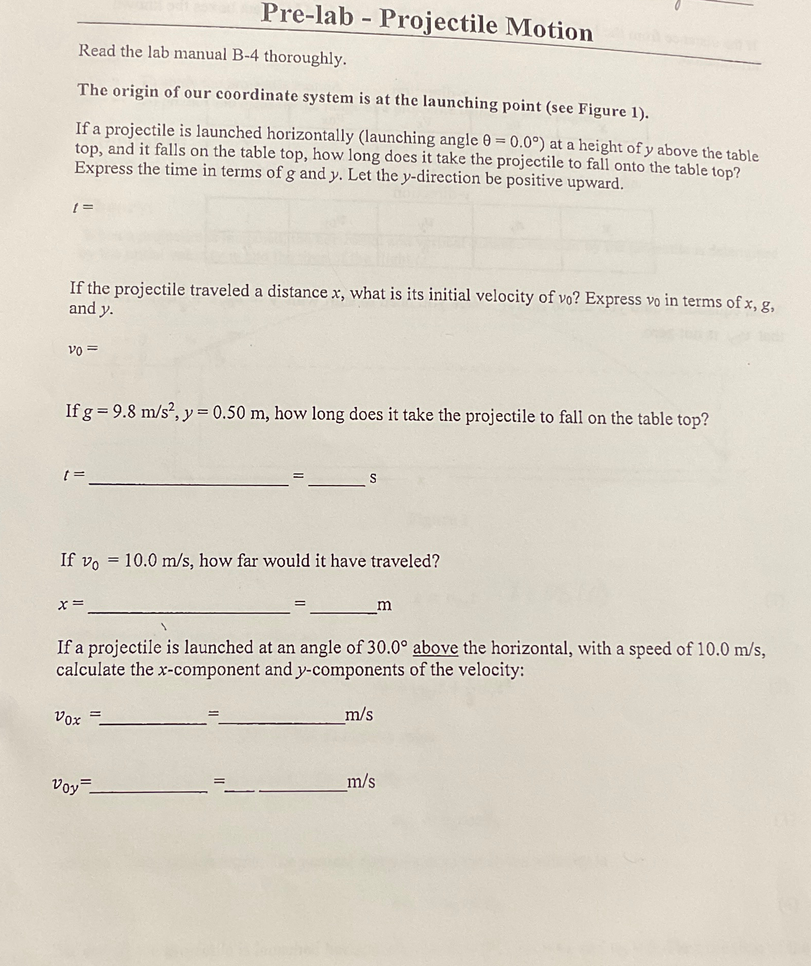 Solved Pre-lab - ﻿Projectile MotionRead the lab manual B-4 | Chegg.com
