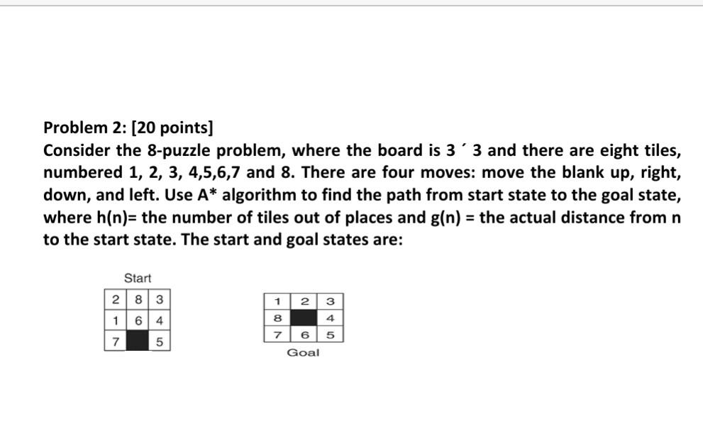 Solved Problem 2: (20 points) Consider the 8-puzzle problem, | Chegg.com