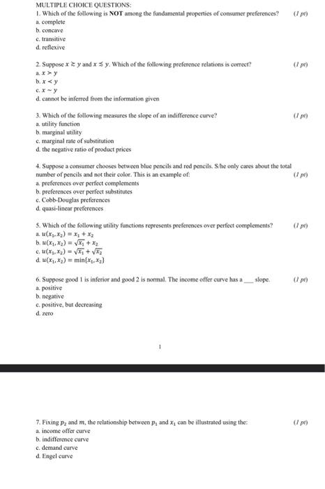 Solved MULTIPLE CHOICE QUESTIONS: 1. Which of the following | Chegg.com