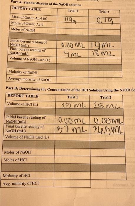 Solved Part A: Standardization of the NaOH solution REPORT | Chegg.com