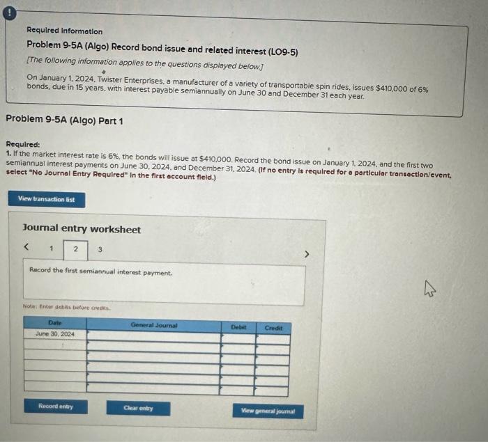 Solved Requlred Information Problem 9-5A (Algo) Record bond | Chegg.com