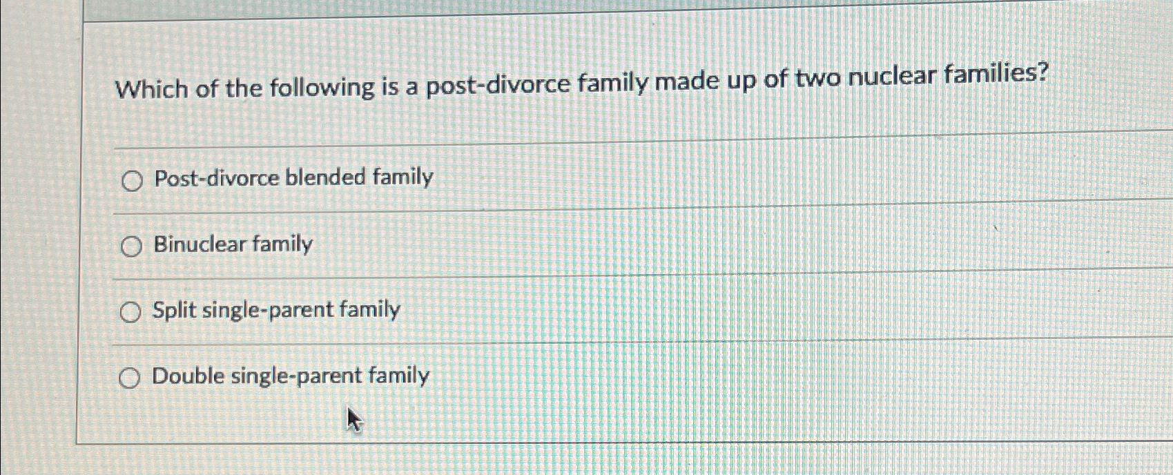 Solved Which of the following is a post-divorce family made | Chegg.com