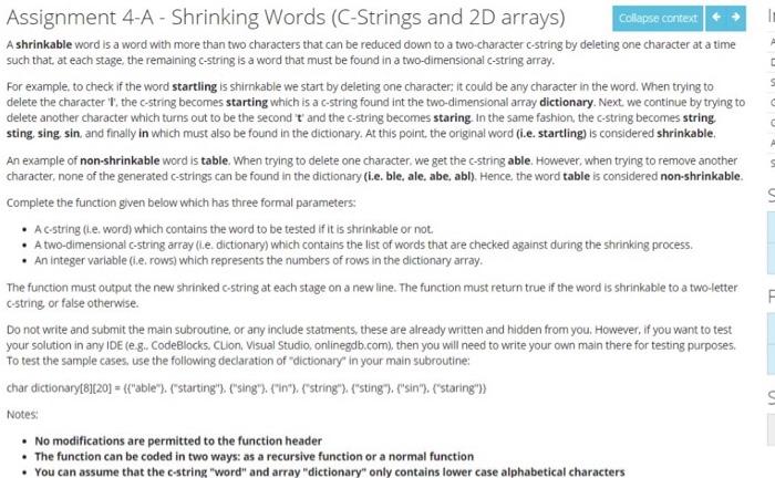 Solved C Assignment 4 A Shrinking Words C Strings And 2d 4663