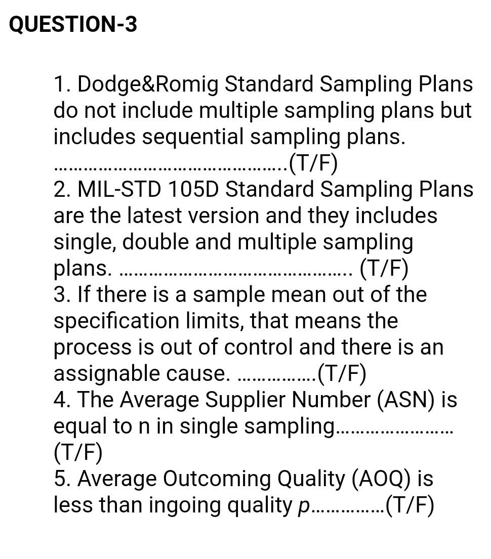 Solved QUESTION-3 1. Dodge&Romig Standard Sampling Plans do | Chegg.com