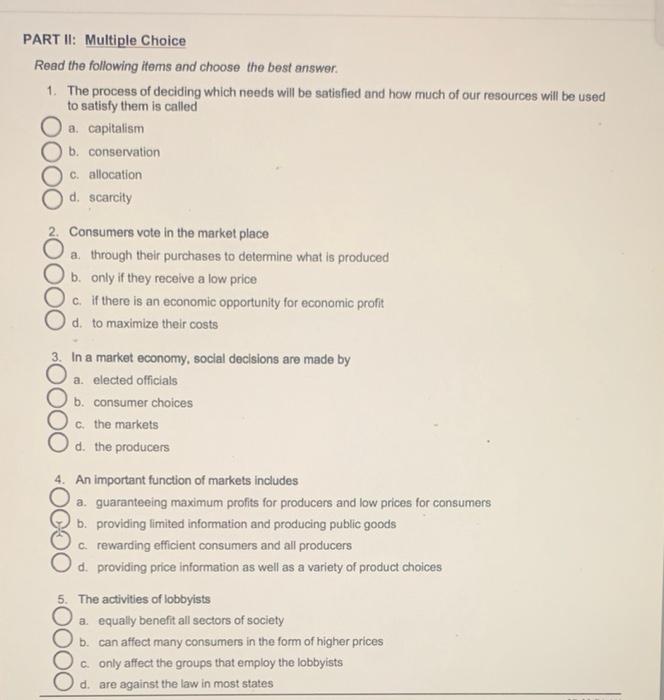 Solved PART II: Multiple Choice Read the following items and | Chegg.com