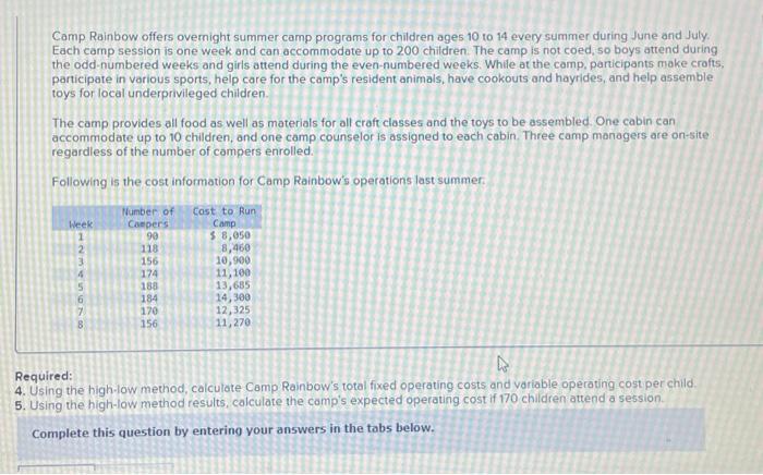 Solved Camp Rainbow offers ovemight summer camp programs for | Chegg.com