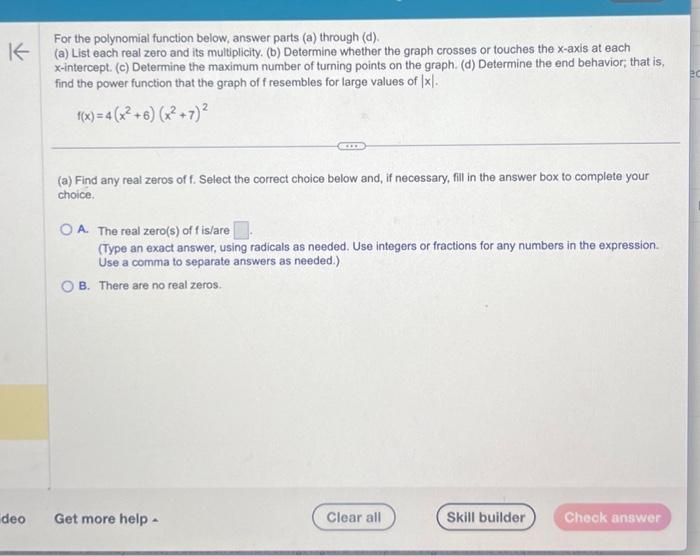 Solved For the polynomial function below, answer parts (a) | Chegg.com
