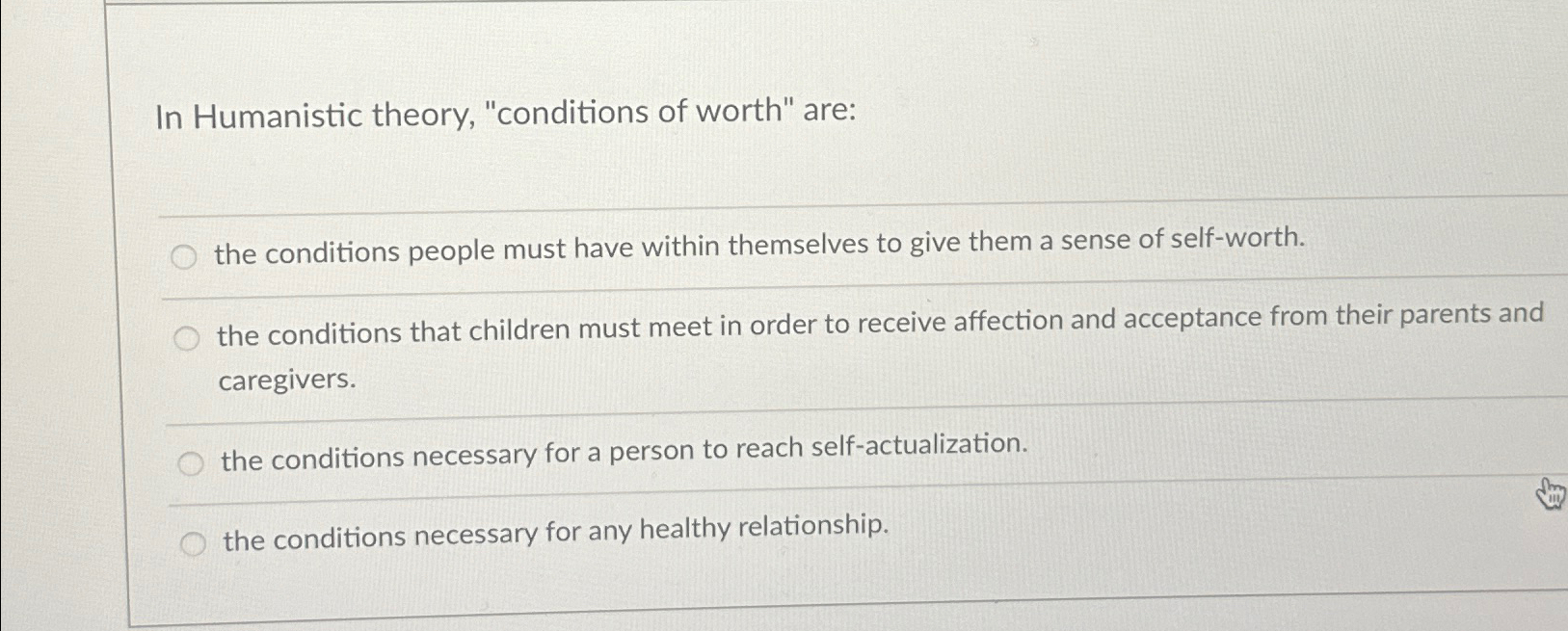 Solved In Humanistic theory, "conditions of worth" are:the | Chegg.com