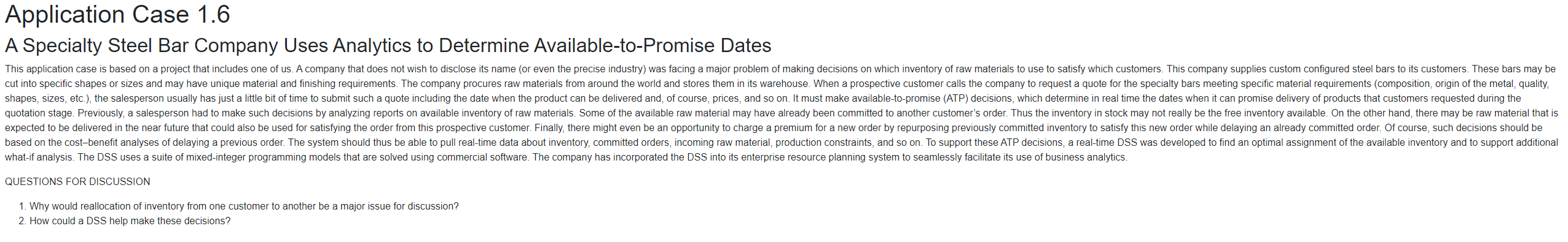 Solved Application Case 1.6A Specialty Steel Bar Company | Chegg.com